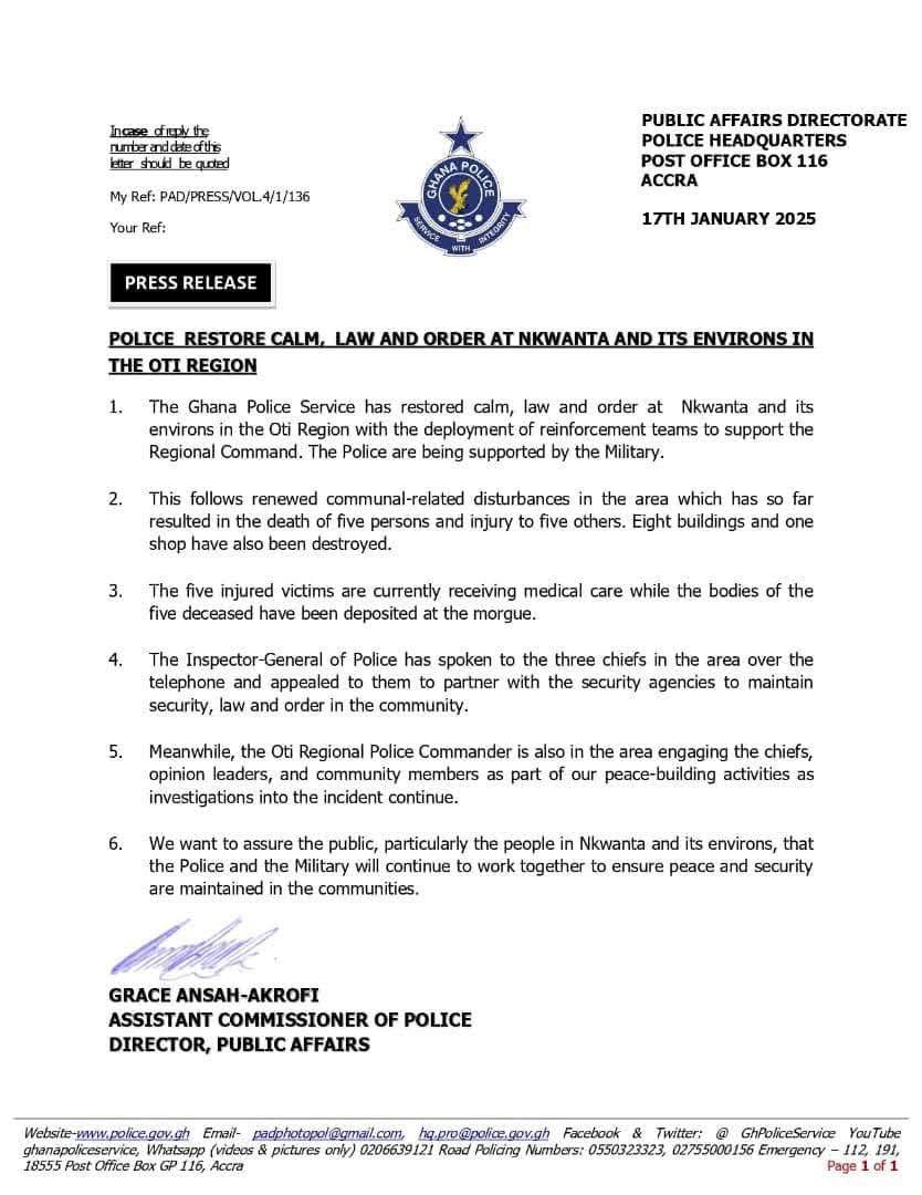 Press Release-Police Restore Calm At Nkwanta, Oti Region